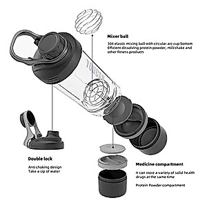 21oz Protein Shaker Bottle with Powder Storage Container-Shaker Cups for Protein Shakes-pre workout bottle-Mixer Cup-Gym Sport Water Bottle -Made with Tritan BPA Free,with Wire Whisk Balls (Black)