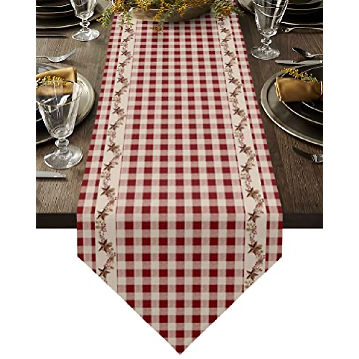 Table Runner Dresser Scarves Burgundy Red Buffalo Plaid Vintage Star Berry Vine Cotton Linen Burlap Table Cover American Country Style Table Runners for Family Kitchen Dining Holiday Party 13x48In