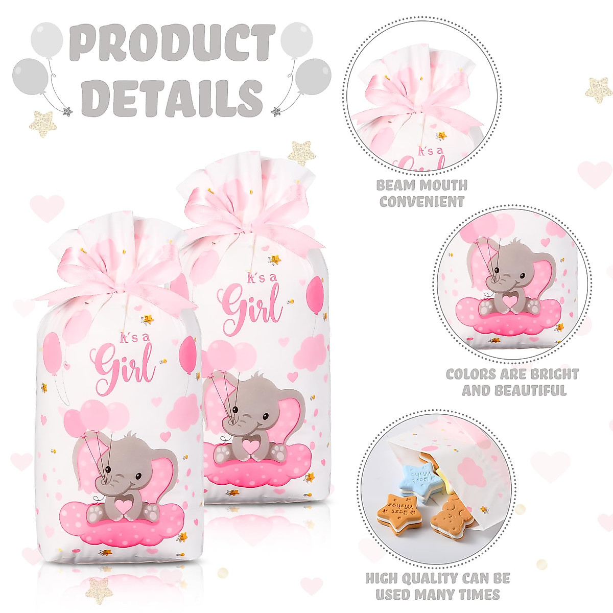 Chiisong 50 Pcs Baby Shower Treat Bags with Bow Plastic Baby Drawstring Candy Goodie Bags Baby Shower Party Favor Gift Bags for Boy Girl Birthday Gender Reveal Party 9 x 6 x 2 Inch(Pink Elephant)