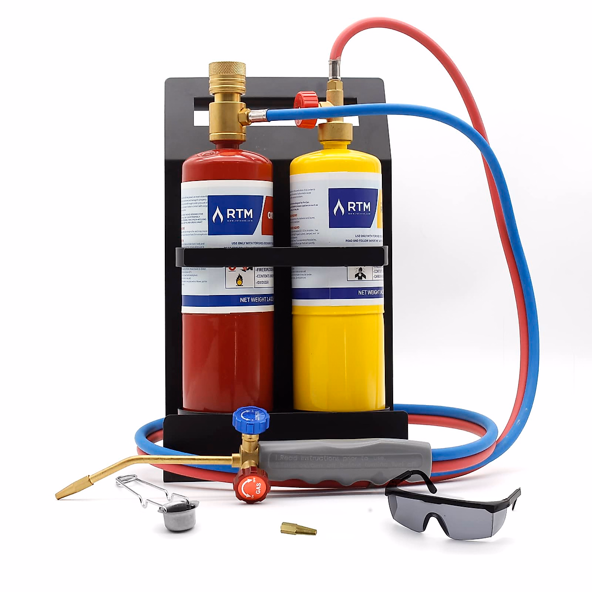 RTMMFG Oxygen MAPP Torch Kit Portable Cylinder Metal Stand, for Soldering, Brazing, Sparker, Protection glass, Extra nozzle(Gas Cylinders Not Included)