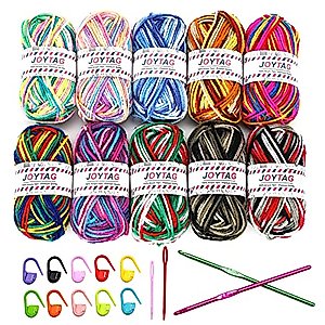 JOYTAG 10 Acrylic Yarn Skeins,Multicolor Crochet Craft Yarn for Crocheting and Knitting,with Crochet Hooks Knitting Needles Stitch Markers,Crochet Yarn Starter Kit for Beginners(650 Yard/250g)