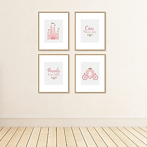 Big Dot of Happiness Little Princess Crown - Unframed Pink and Gold Castle Nursery and Kids Room Linen Paper Wall Art - Set of 4 - Artisms - 8 x 10 inches