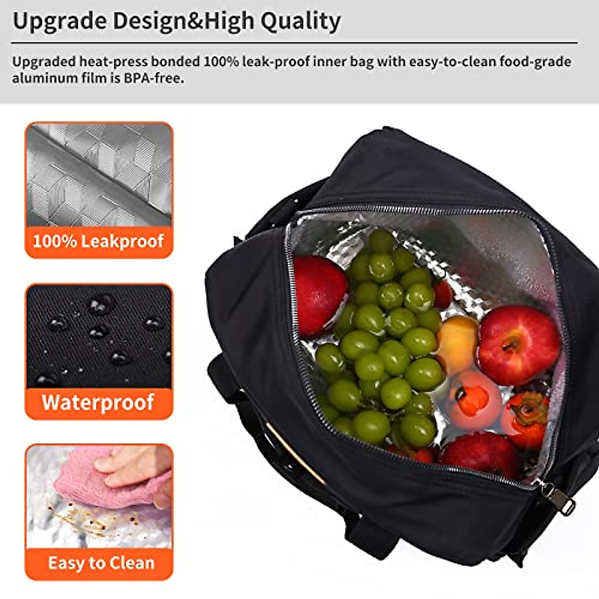Anfeichen Insulated Lunch Bag Women For Work,Leakproof Lunch Box for Men Large Lunch Tote Bag,Embroidered Cooler Bag with Shoulder Strap (Black)