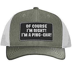 of Course I'm Right! I'm A Ping-Cha! - Leather Black Patch Engraved Trucker Hat, Heather-White, One Size