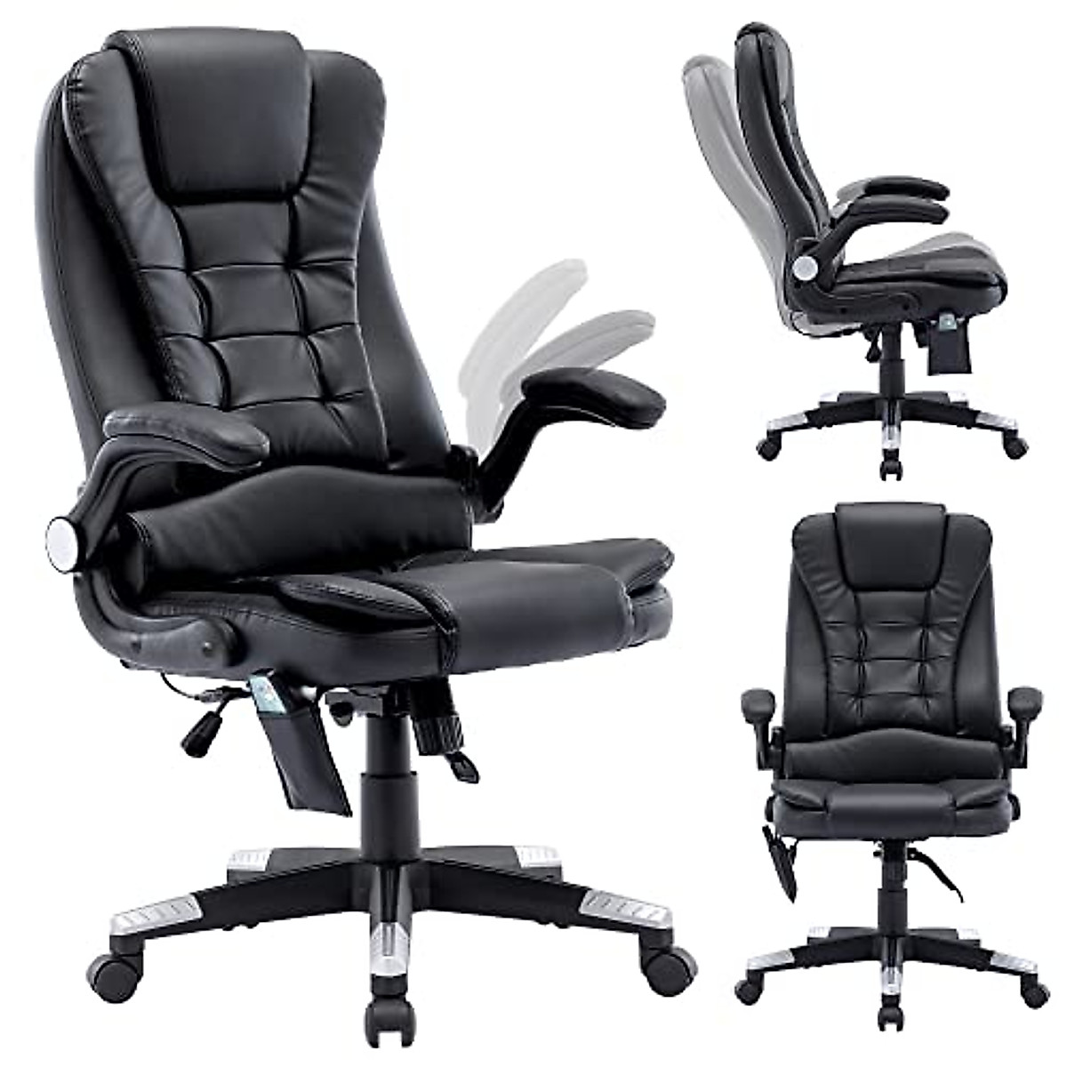Adjustable Ergonomic Office Chair for Home Office,Massage Office Chair with Heat,Leather Computer Desk Chair,Executive Office Chair with Lumbar Support Thick Bonded Soft Chair (Black)