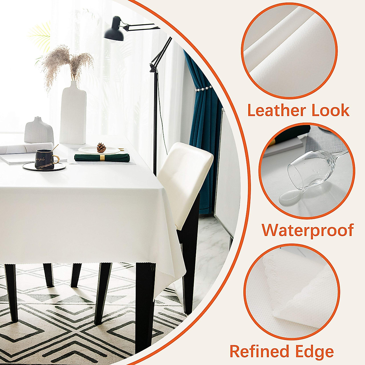 Hosonson 100% Waterproof Vinyl PU Square Heavy Duty Table Cloth with Smooth Surface - Soft Hand-Feeling Decoration Tablecloth - Reusable Wipable Oilproof Table Cover for Kitchen (54x54 Inch, White)