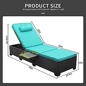 Outdoor PE Wicker Chaise Lounge for Outside - 2 Piece Patio Set Black Rattan Reclining Sunbathing Chair Beach Poolside Adjustable Backrest Recliners with Furniture Cover and Turquoise Cushions