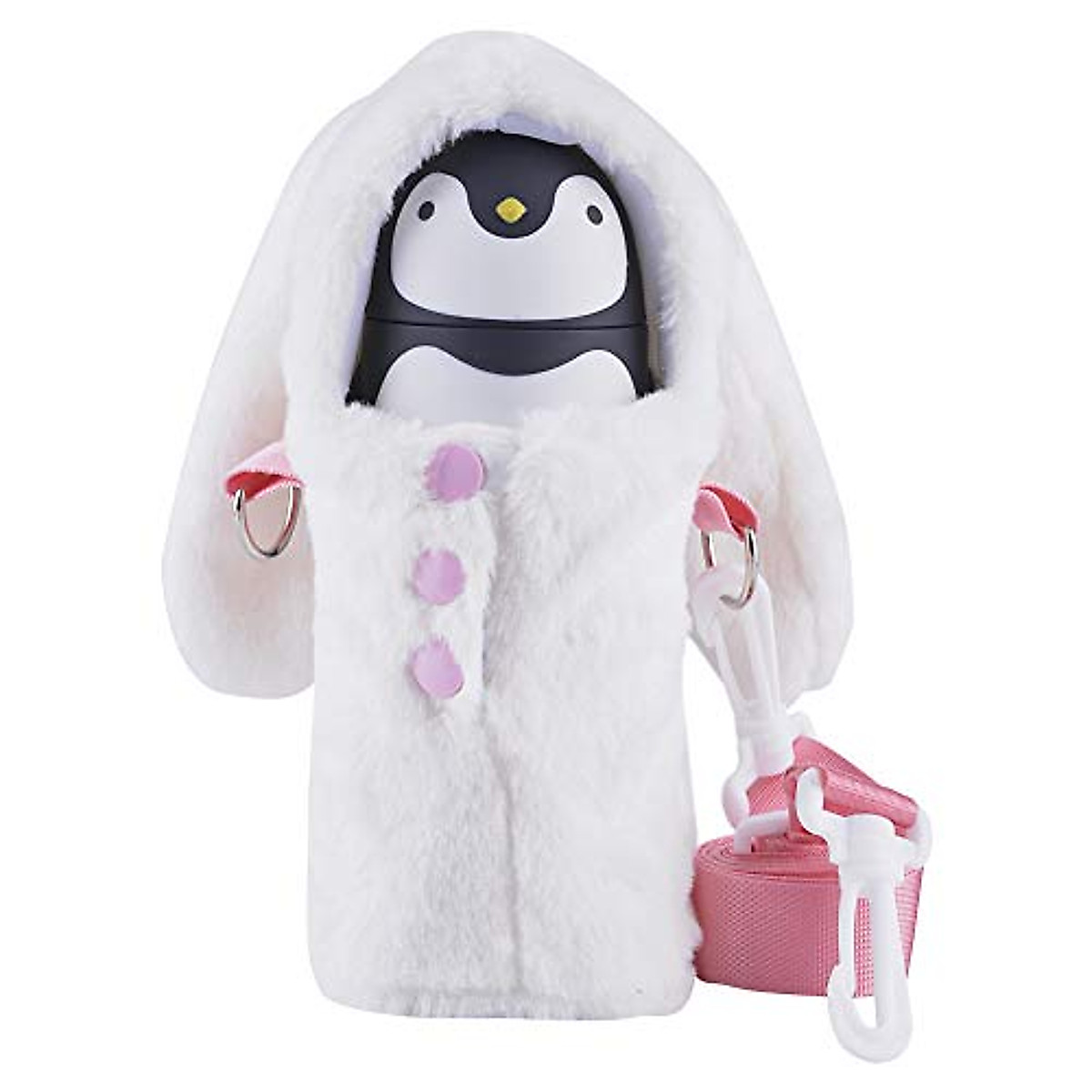 ChezMax Penguin Vacuum Thermos Stainless Steel Water Bottle Travel Mug Flask for Daily Life 9.5oz Black with Insulated Sleeve Rabbit Warm Cover, Rabbit White