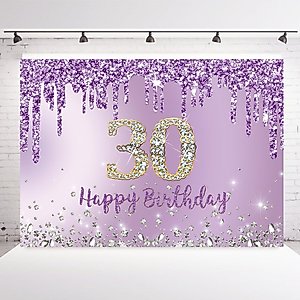 INRUI Purple Happy 30th Birthday Photography Background Girls Sweet Thirty Years Old Birthday Party Decorations Backdrop 7x5FT