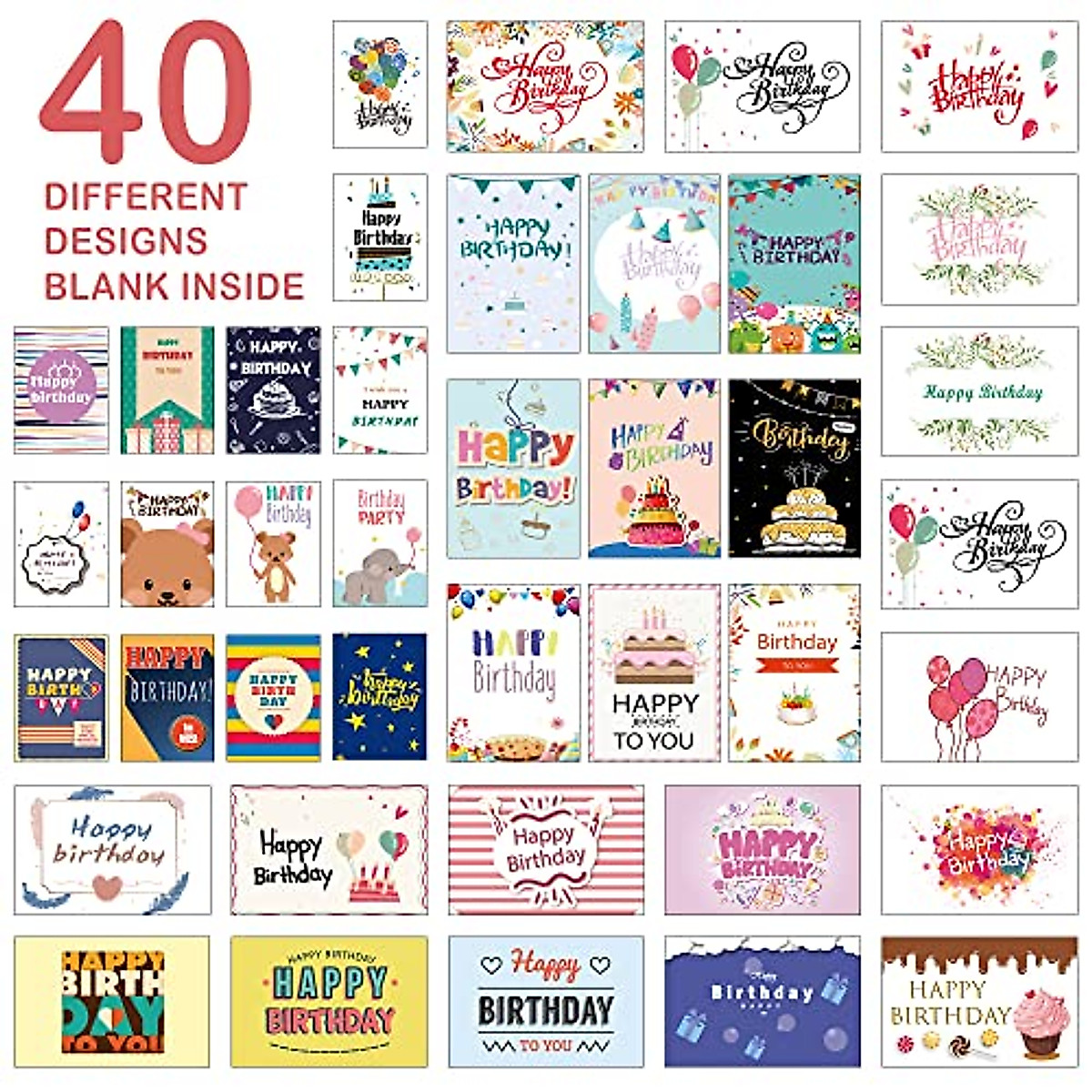 feela Birthday Cards, 40 Pack 40 Designs Happy Birthday Card Assorted Bulk with 40 Blank Envelopes 48 Pieces of Stickers 2 Washi Tapes, 4 X 6 Inches Greeting Cards For Girls Family Friends