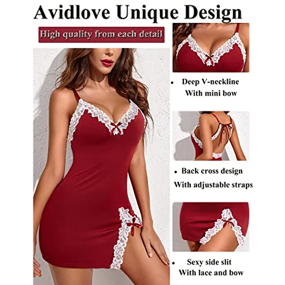 Avidlove Lingerie Women's Exotic Nightgowns Sexy Lace Lingerie for Women Shirt Dress for Women Sexy (Wine Red,S)