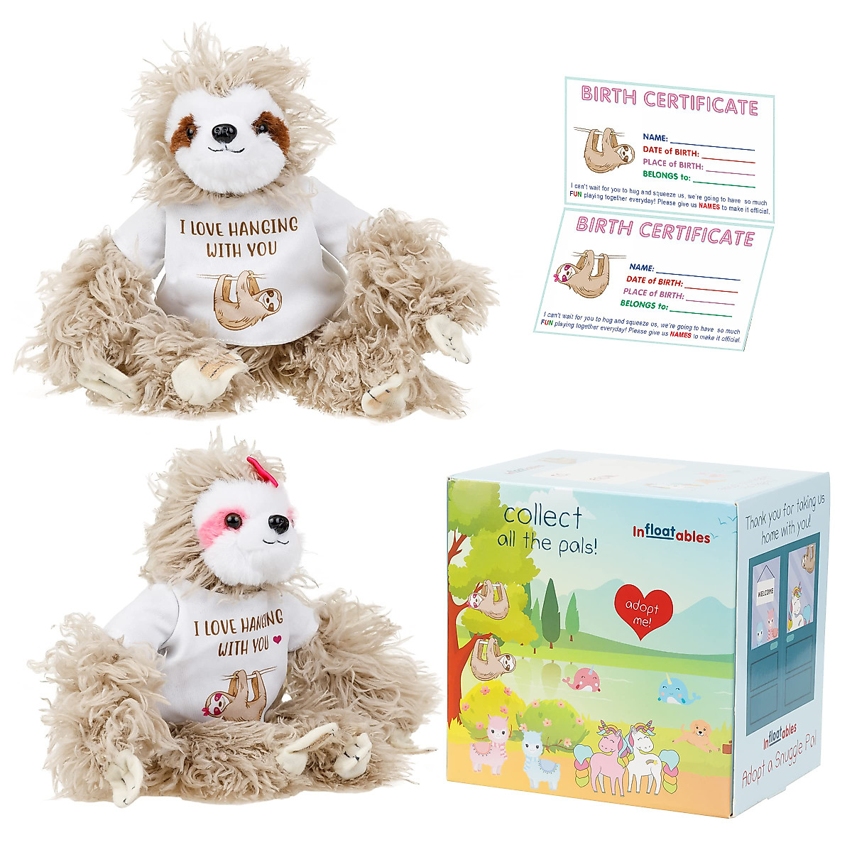 infloatables Stuffed Sloth Set of 2 - Adopt A Sloth Plush with Removable 'I Love Hanging with You' T-Shirt & Birth Certificate - Cute Stuffed Animal Sloth Gifts for Girls & Boys (Small 15 Inches)