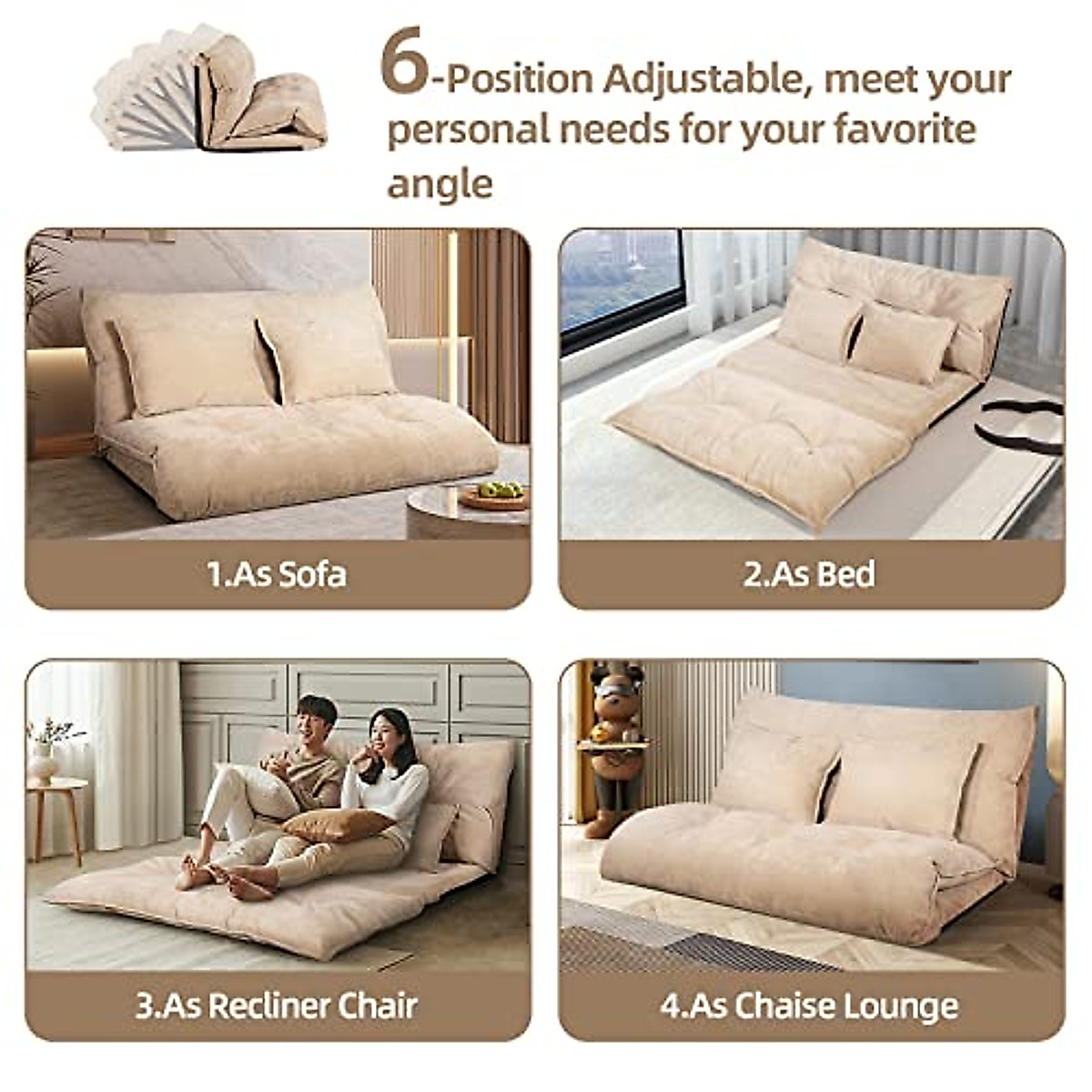 Sucrever Floor Sofa Chair with Adjustable 6-Position and 2 Pillows for Adults, Folding Lazy Sofa Sleeper Bed Couch for Reading or Gaming, Chaise Lounge Chair for Bedroom Living Room, Beige