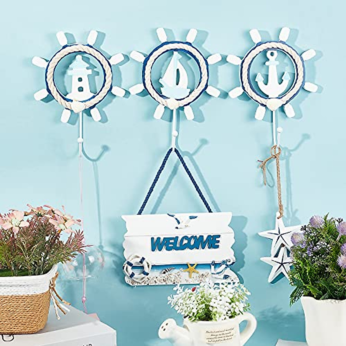 SUPERFINDINGS 3Pcs Mediterranean Style Iron Wall Hooks 3 Styles 8.3x5.9In Nautical Coat Hat Clothes Towel Wall Hooks Hanger Art Beach Coastal Decoration for Home Room Kitchen