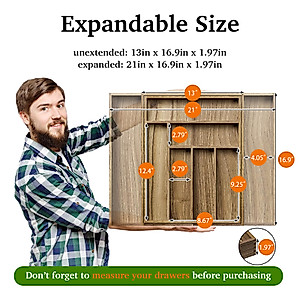 Kiasthome Acacia Wood Kitchen Silverware Drawer Organizer, Expandable Utensil Cutlery Drawer Organizer with Dividers, Flatware Organizer Silverware Tray for Spoon, Fork, 13''-21''x16.9'' (6-8 Slots)