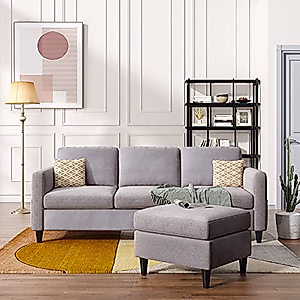 Morhome Rivet Revolve Modern Upholstered Sofa with Reversible Sectional Chaise, Living Room L-Shape 3-Seater Couch, Gray Linen