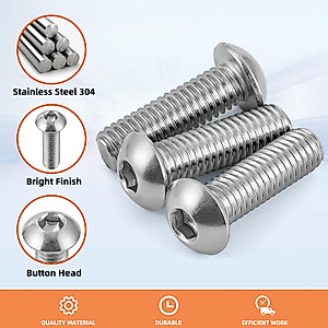 1/4-20 x 3/8" Button Head Socket Cap Bolts Screws, 18-8 Stainless Steel, Bright Finish, Full Thread, Allen Hex Drive, 25 PCS