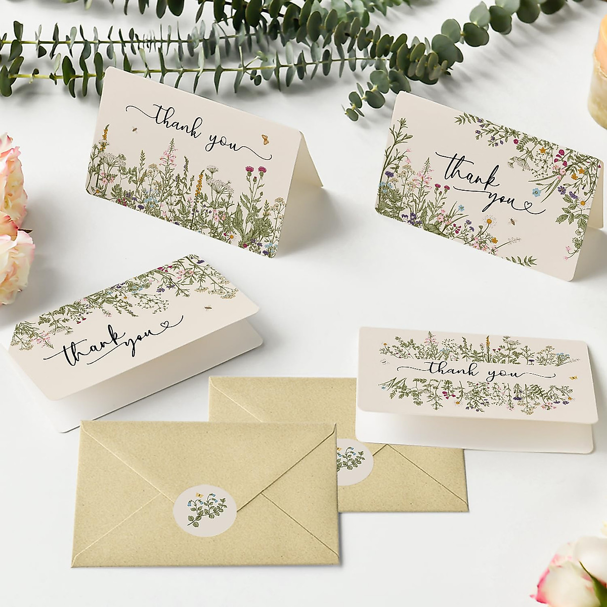 Artoid Mode 36 Pack Leaves Wildflower Thank You Cards Floral Greeting Cards Gift With Envelope Sticker Blank Note Cards for Birthday Wedding Baby Shower Bridal Shower, 4 x 6 Inch