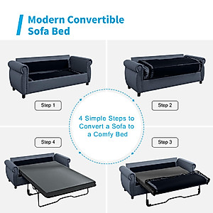 Mjkone Pull Out Sofa Bed, 2-in-1 Sleeper Sofa Couch with Full Foldable Memory Foam Mattress and Nailhead Armrest for Living Room Home Apartment, Dark Grey