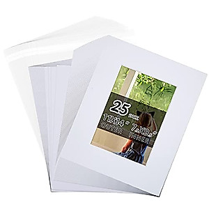 Acid Free 25 Pack 11x14 Pre-Cut Mat Board Show Kit for 8x10 Photos, Prints or Artworks, 25 Core Bevel Cut Matts and 25 Backing Boards and 25 Crystal Plastic Bags, White