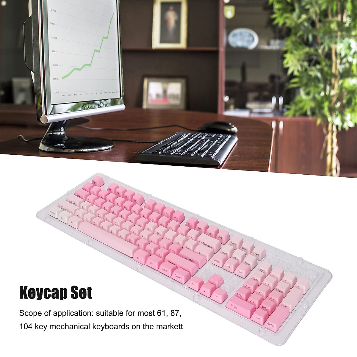 Gaming Keyboard Keycaps, 104 Keys Pink White Ergonomic PBT Typewritter Gaming Keyboard Keycaps Opaque Side Dip Dyeing Process DIY Keycap,for Most 61/87/104 Key Mechanical Keyboard