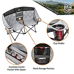 Coastrail Outdoor Folding Double Camping Chairs Premium Comfort Portable Love Seat Lawn Chairs Folding for Two with Padded Seat and Pockets, Heavy Duty for Adults