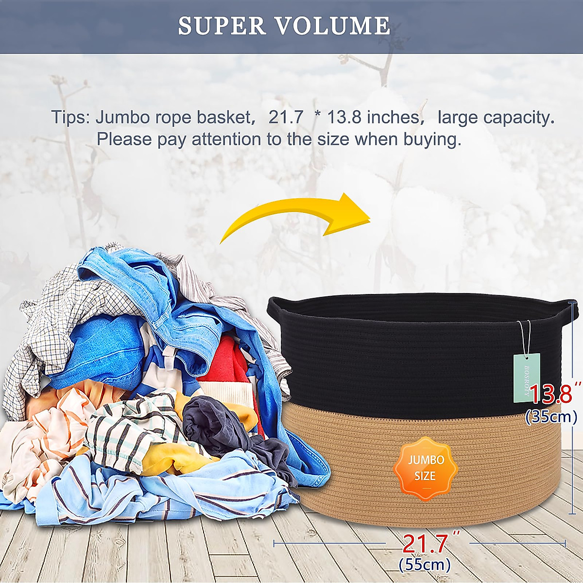 BOSROTY Extra Large Cotton Rope Basket For Girls Kids 87L, Nursery Hamper, Large Laundry Basket , Nursery Bin, Woven Basket Organizer For Storage Toys Blankets Clothes, 22”x 14”, Blend White & Pink