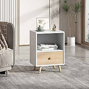 JAXPETY Nightstands Set of 2, Night Stand with Drawer and Open Storage Shelf, Bedside Tables with Solid Wood Legs, End Table, Side Table, for Bedroom(2-Pack, White)