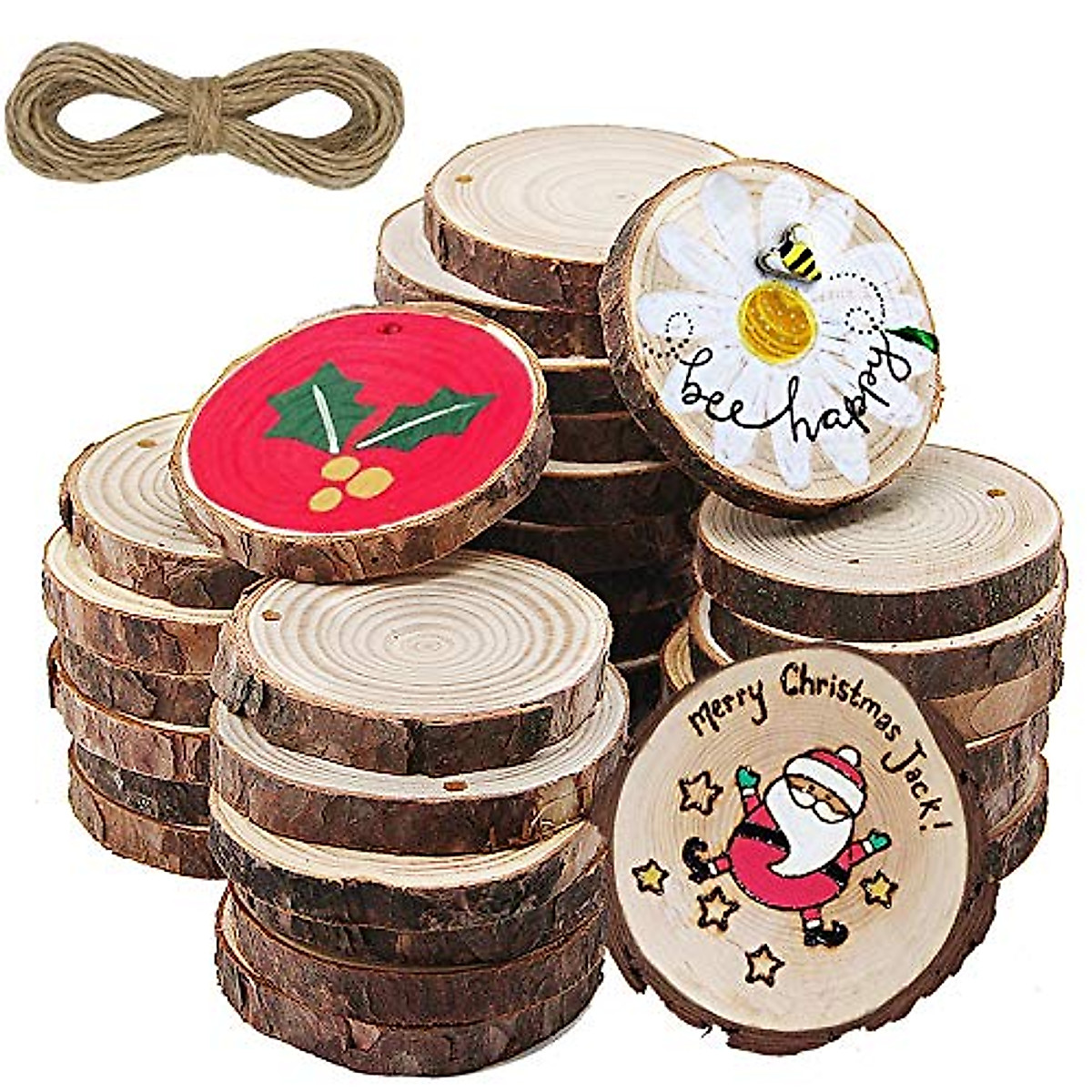 ATDAWN Natural Wood Slices with Holes, 30 Pcs Unfinished Wooden Circles, Craft Wood kit, Christmas Ornaments DIY Crafts (2.4"-2.8")