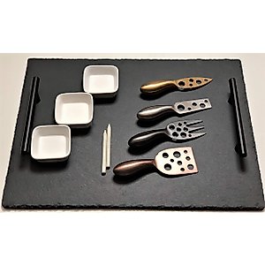 Natural Slate Cheese Board and Knife Set | Charcuterie Board Cheese Knives and Spreader set 14 Pieces 16" x 12" Serving Tray with Black Handle Ceramic Bowls Soapstone