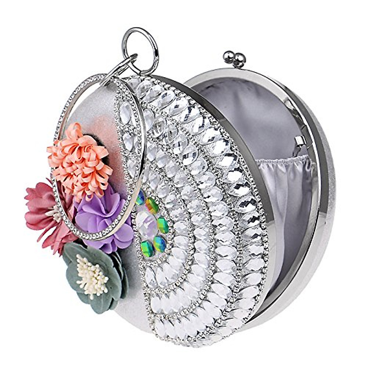Womens Round Gorgeous Luxury Bling Evening Clutch Chain Bag with Flower Rhinestone Crystal Wedding Purse Bridal Prom Party Handbag Red