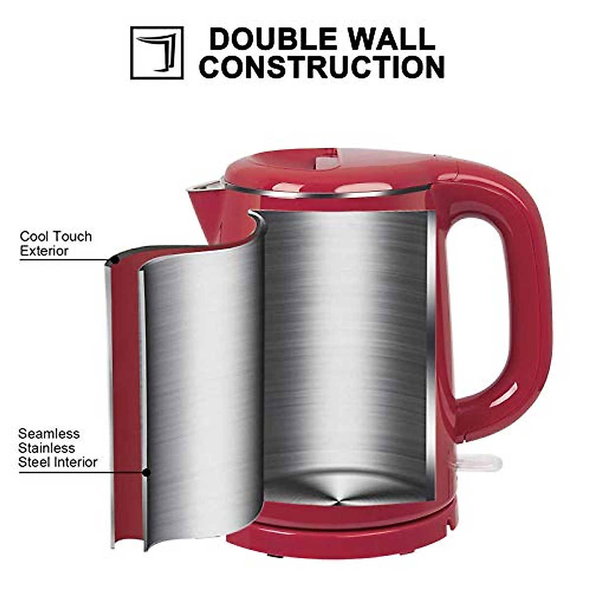 Secura Stainless Steel Double Wall Electric Kettle Water Heater for Tea Coffee w/Auto Shut-Off and Boil-Dry Protection, 1.0L (Red)