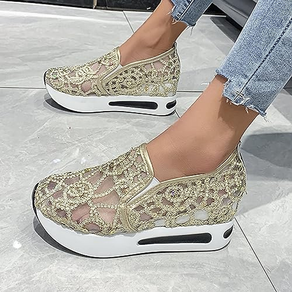 Keyoboy Slip On Sneakers Women Breathe Mesh Walking Shoes Women Fashion Sneakers Comfort Wedge Platform Loafers Running Shoes Lightweight Tennis Shoes Non Slip Gym Workout Shoes