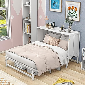 Queen Size Murphy Bed with Built-in Charging Station and Storage Shelf, Multi-Functional Murphy Bed for Kids, Teens Bedroom, Space Saving Design & Easy Assembly (White)