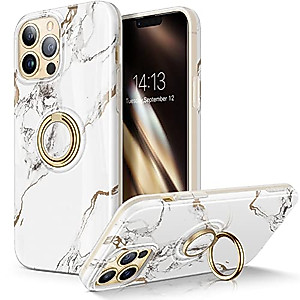 GVIEWIN for iPhone 13 Pro Max Case 6.7 Inch 2021, Built-in 360° Rotatable Ring Stand, Durable Marble Ultra Slim Glossy Hard Shockproof Kickstand Phone Holder Protective Case Cover (White/Gold)