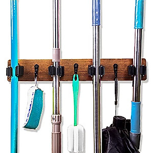 Mop and Broom Holder Wall Mount Solid Wood Broom Rack Wall Mount 4 Positions 3 Hooks for Home, Kitchen, Garden, Tools, Garage Organizing, Cleaning Supplies Organizer Indoor Outdoor