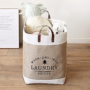 AMZTOP Linen Clothes Hamper Patchwork Collapsible Laundry Basket with Leather Handles for Storage Toys and Clothing in Bedroom, Bathroom Foldable Laundry Hamper 68L