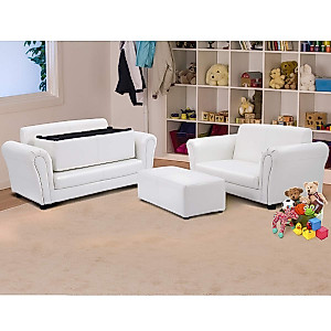 Costzon Kids Couch with Footstool, 2 in 1 Double Seat Children's Sofa w/PU Leather Surface, Armrest Chair Lounge, Soft Kids Sofa for Preschool Bedroom Kids Room Toddlers Boys Girls Birthday (White)