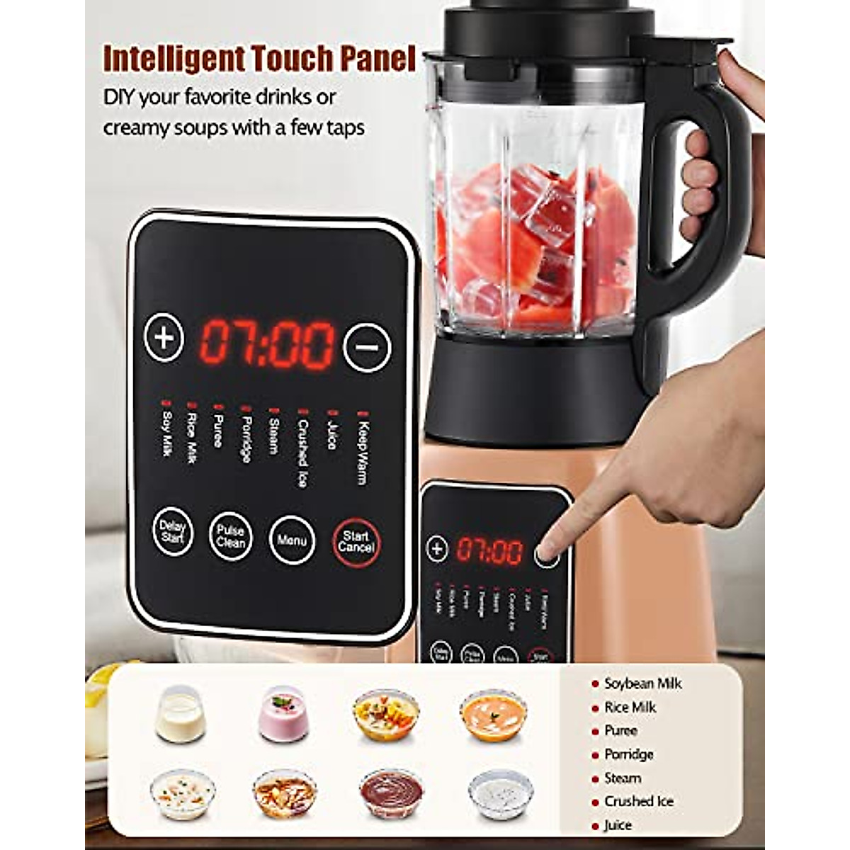 Moongiantgo Professional Cooking Blender for Kitchen Hot Cold with 8 Presets, 59Oz Glass Jar, 58000RPM High Speed Quiet for Smoothie Shake, Khaki 110V