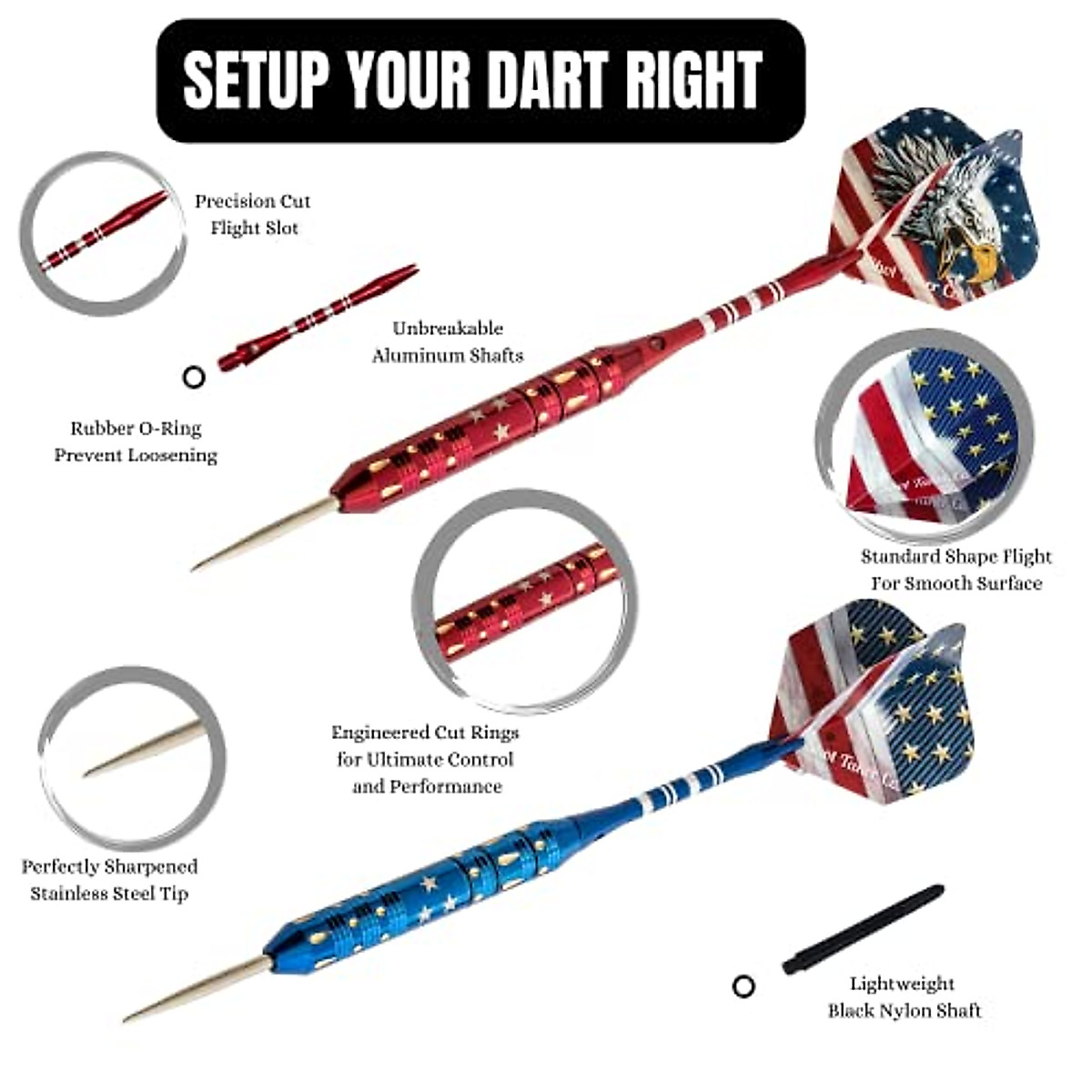 Steel Tip Darts Set - Professional Darts Steel Tip for Dartboard - Includes Brass Barrels + Plastic & Aluminum Shafts + Rubber O'Rings + Flights + Darts Sharpener + Wrench (22g- USA -STC10420)