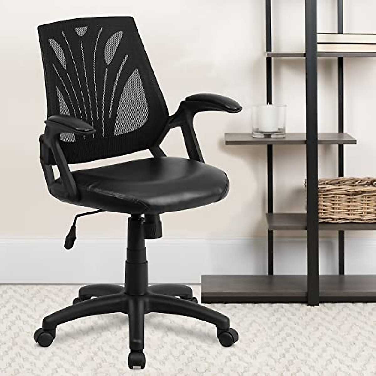 Flash Furniture Sam Mid-Back Designer Black Mesh Swivel Task Office Chair with LeatherSoft Seat and Open Arms