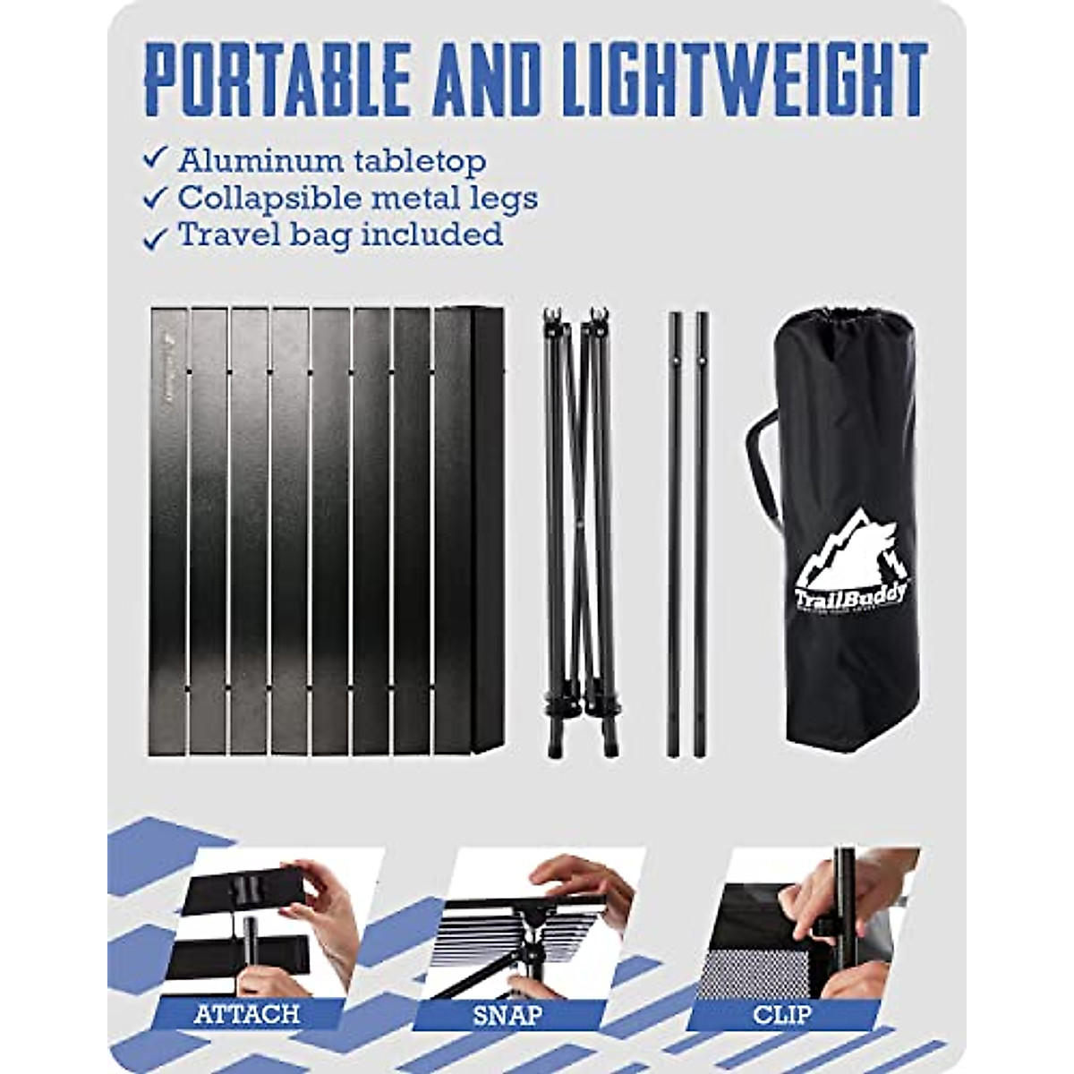 TrailBuddy Folding Camping Table - Aluminum Foldable Table for Tailgating or Camp Site with Carry Bag - Lightweight and Portable for Beach, Picnic, Tailgate & Outdoor Use, 28"x 28" x 28"