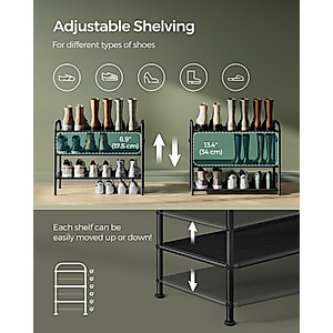 SONGMICS Shoe Rack, 3 Tier Shoe Organizer, Fabric Shoe Shelf Storage with 4 Hooks, Holds up to 12 Pairs of Shoes, Height-Adjustable Shoe Rack for Entryway, Hallway, Closet, Easy Assembly, Ink Black