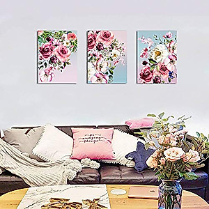 Flower Canvas Wall Art for Bedroom Woman Wall Decor Pink White Flowers Picture 3 Piece Framed Artwork Modern Plant Floral Canvas Prints for Kitchen Home Bathroom Girls Room Wall Decoration 12"x16"
