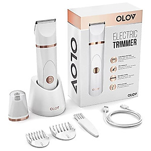 OLOV Bikini Trimmer Women - Wet/Dry Body Shaver Groomer, Replaceable Ceramic Blade Heads, USB Recharge Dock & Nosetrimmer Head Heads, Waterproof Hygiene Razor, White