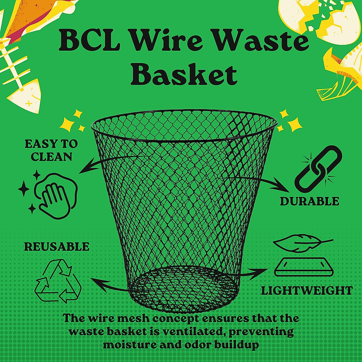 BOSS CLASS Wire Mesh Round Waste Basket, 9in (Black, Pack of 5) Lightweight Trash Can Open Top Wastebasket Recycling Bins Desk Office School Garbage Cans Home Essential & Custom Storage Carrier