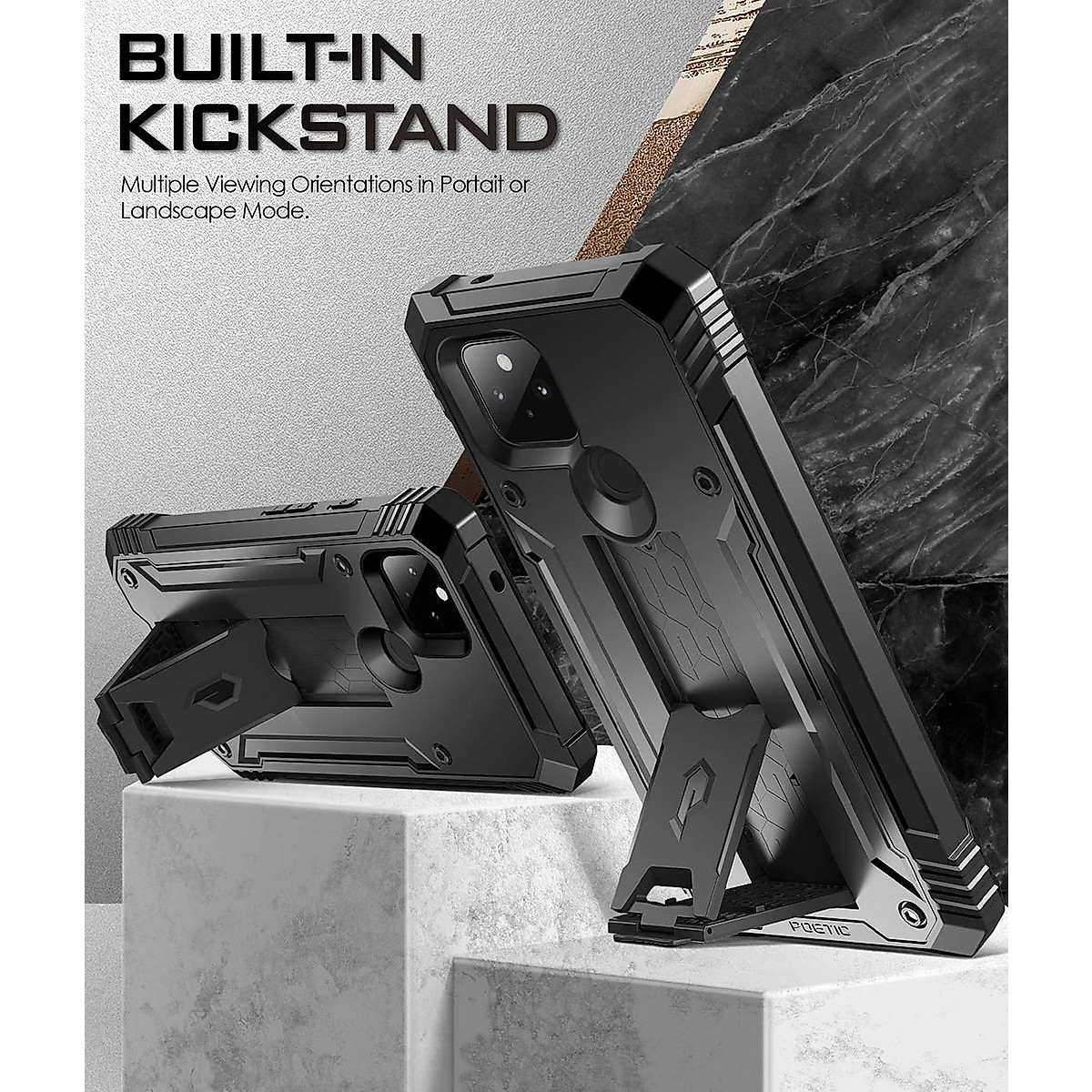 Poetic Revolution Series for Google Pixel 5 Case, Full-Body Rugged Dual-Layer Shockproof Protective Cover with Kickstand and Built-in-Screen Protector, Black