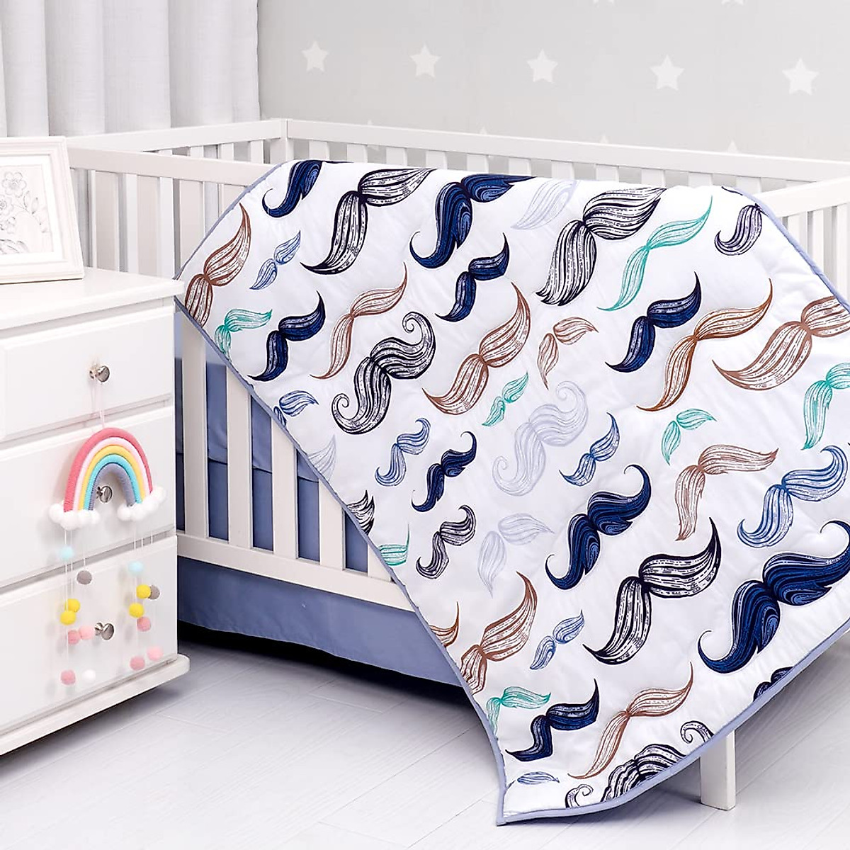 Noisy Mouse - Boho Little Man Mustache, Premium, 100% Organic Cotton 4-Piece Baby Boy Nursery Bedding Crib Set | Baby Comforter | 2 X Fitted Crib Sheets | Crib Skirt (White, Teal, Black, Brown, Blue)