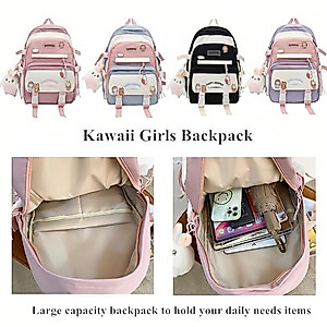 Kawaii Girls Backpack with Pins and Accessories Cute Kids Aesthetic Backpack Teen Bookbags Casual School Bag with Plush Pendant Purple