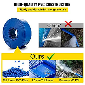 VEVOR Discharge Hose, 2" x 105', PVC Fabric Lay Flat Hose, Heavy Duty Backwash Drain Hose with Clamps, Weather-proof & Burst-proof, Ideal for Swimming Pool & Water Transfer, Blue